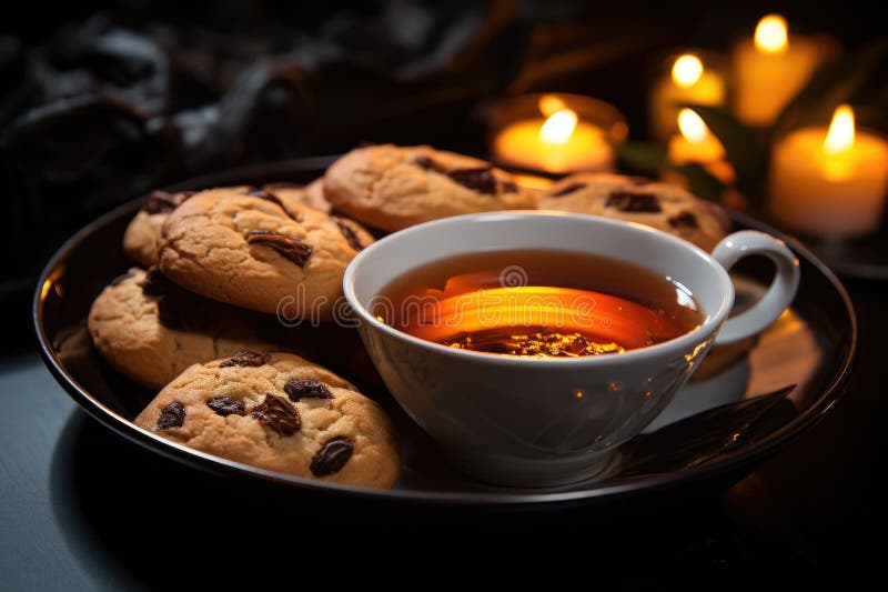 Upper View of Different Cookies and Tea in a Black Cup in Mix Stock ...