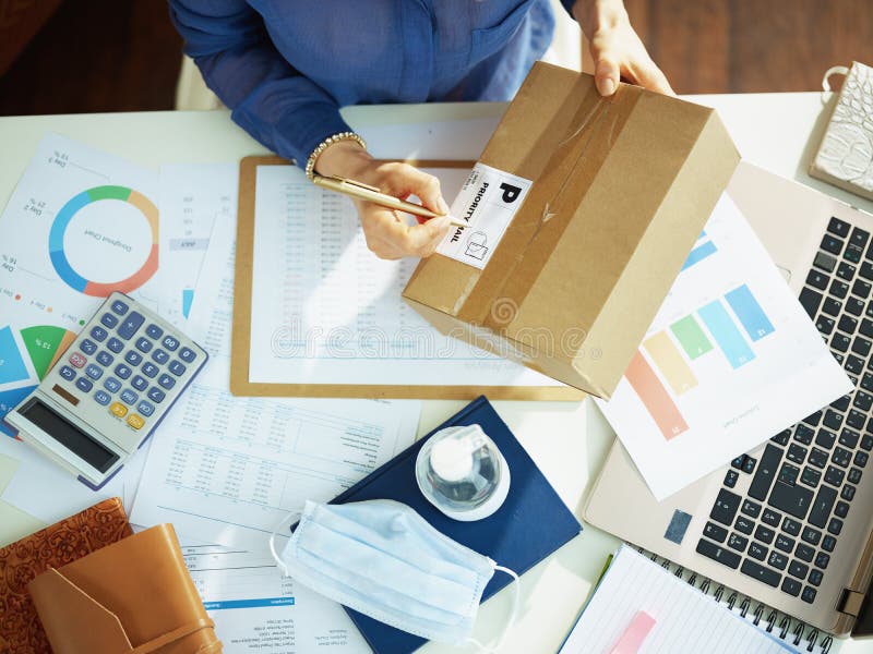 Upper View of Female with Parcel at Table Stock Photo - Image of ...