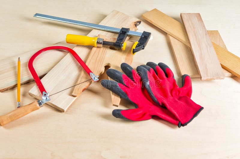 Upper View of Lineup of Professional Assorted Work Tools with Gloves ...