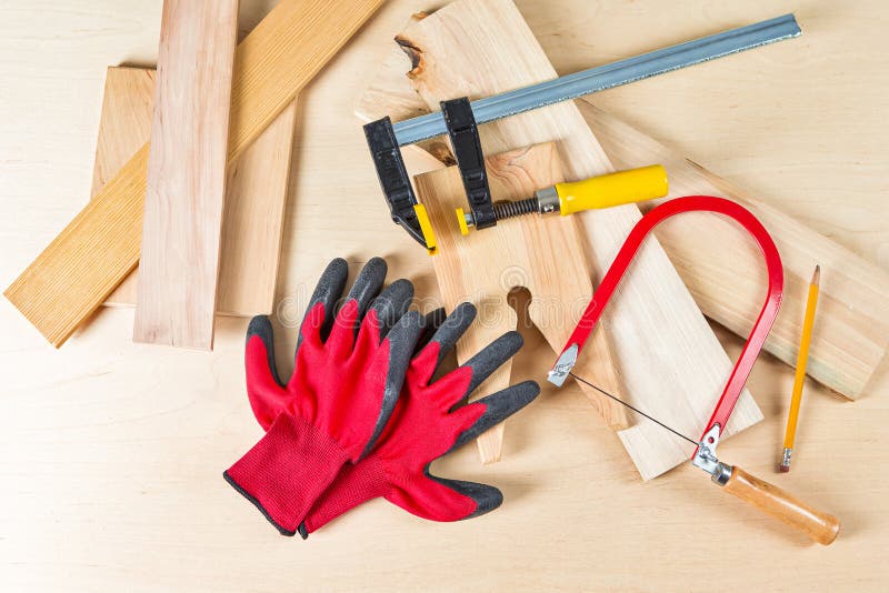 Upper View of Lineup of Professional Assorted Work Tools with Gloves ...