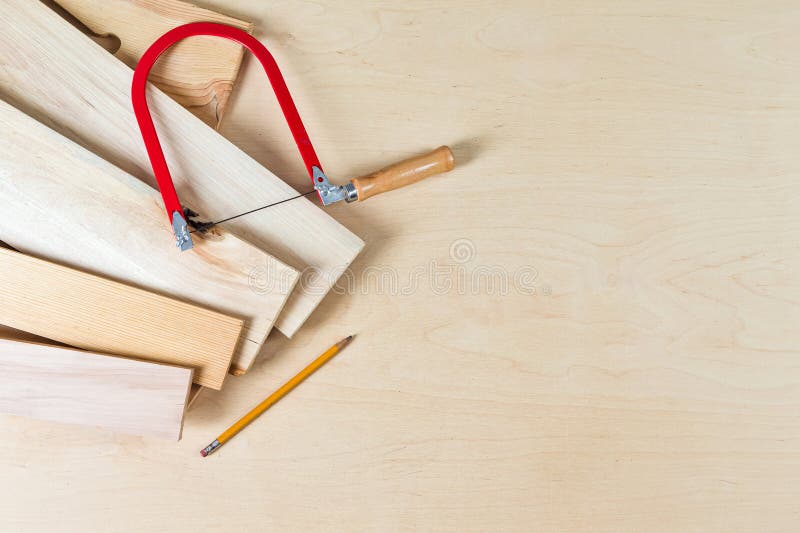 Upper View of Lineup of Professional Assorted Work Tools with Wooden ...