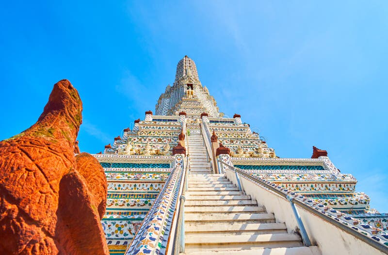 The Upper View on the Main Prang of Wat Arun Complex with the Stone ...