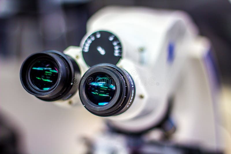 Upper view of microscope stock image. Image of eyepieces - 70591543