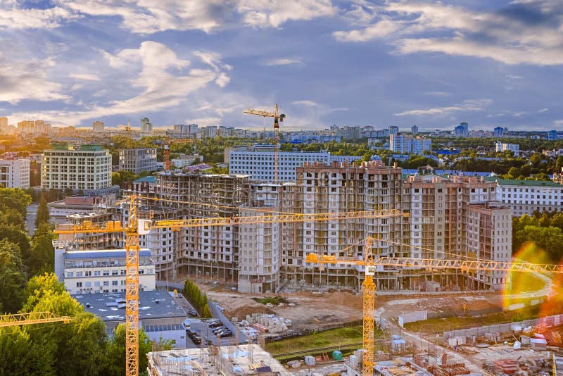 Upper View of New Mass- Construction Site with Buildings and Cranes ...