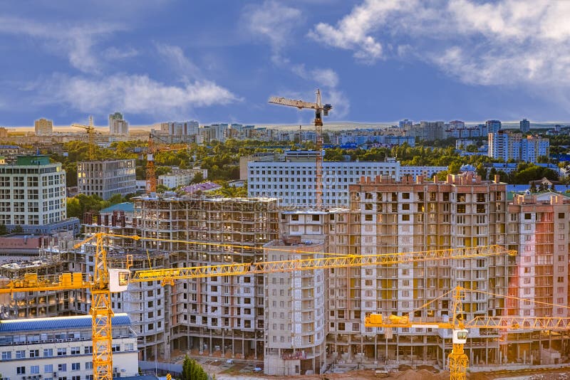 Upper View of New Mass- Construction Site with Buildings and Cranes ...