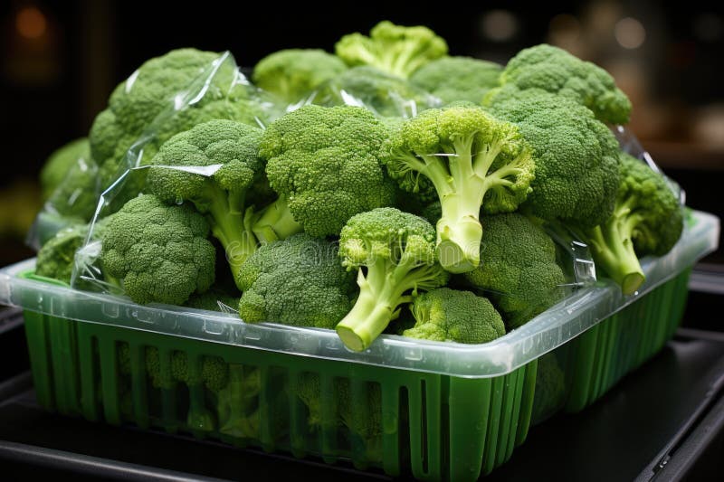 Upper View of a Package of Broccoli of Fresh Green Mushrooms in a ...
