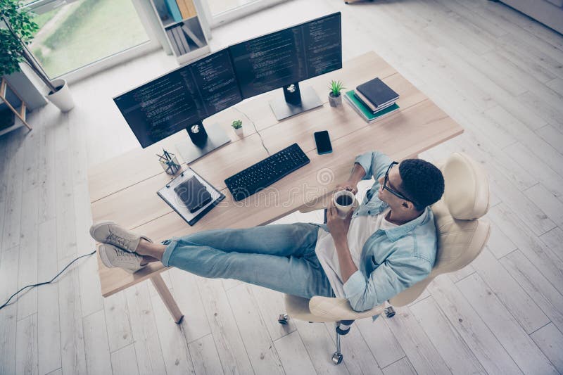 Upper View Photo of Relaxing Professional Programmer Guy Lying Armchair ...