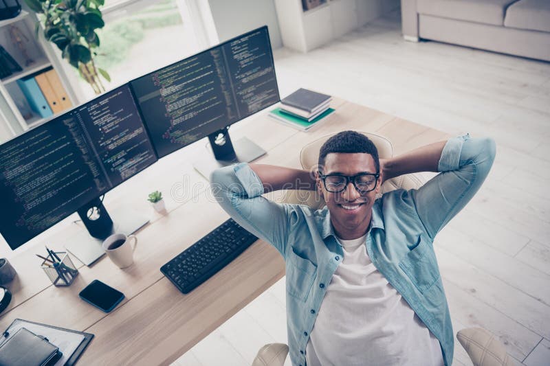 Upper View Photo of Young Relaxing Man Programmer Sleeping on Comfy ...