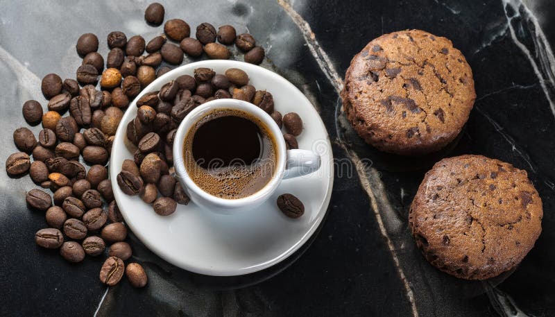 Coffee with Dark Brown Cookies and Roasted Beans on a Black Glossy ...