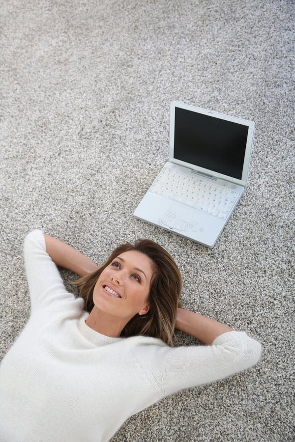 Upper View of Woman and Laptop on the Floor Stock Photo - Image of hair ...
