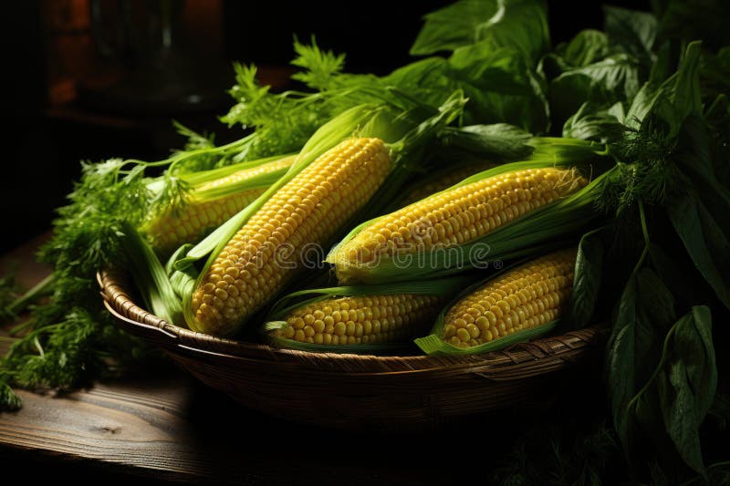 Upper View of the Yellow Crown of Fresh Corn in the Green Picture of ...