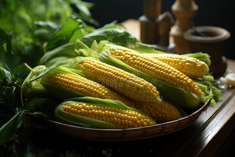 Upper View of the Yellow Crown of Fresh Corn in the Green Picture of ...