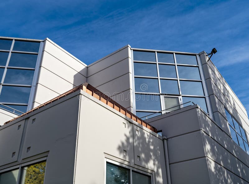 Upper Windows and Roof Patio of a Modern Office Building Stock Photo ...