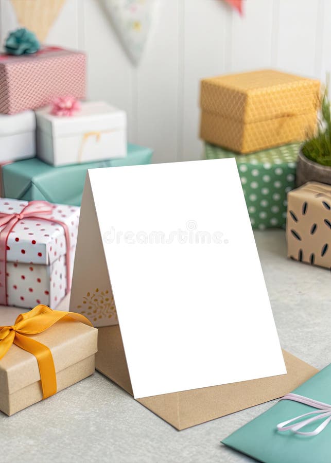 Mockup. an Upright Blank Card Rests on a Folded Brown Paper Envelope ...