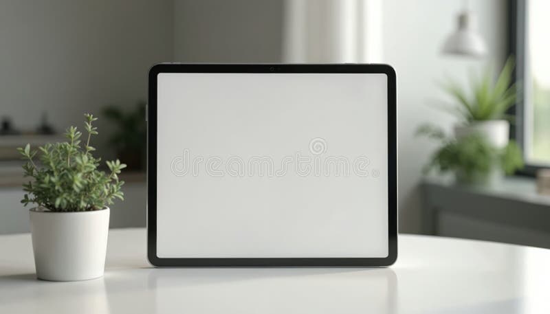 Upright Mockup with Blank White Screen on White Desk. Modern Tablet for ...
