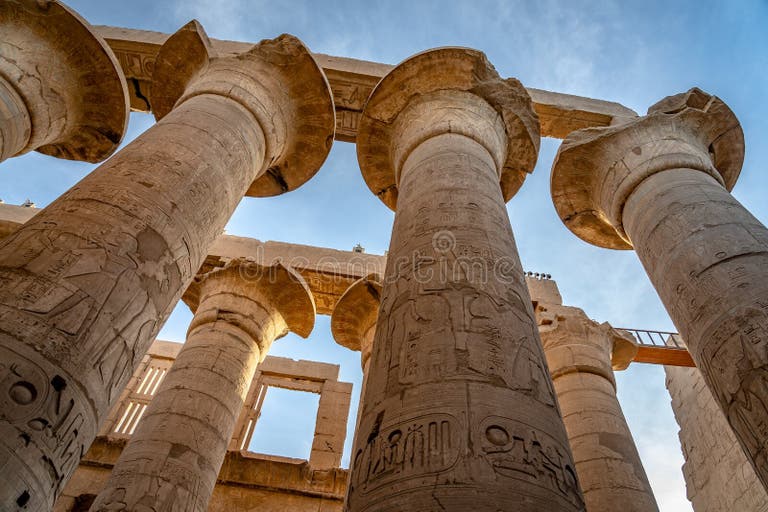Upright View at the Ancient Pillars in Karnak Temple Complex, Luxor ... Upright View at the Ancient Pillars in Karnak Temple Complex, Luxor ...