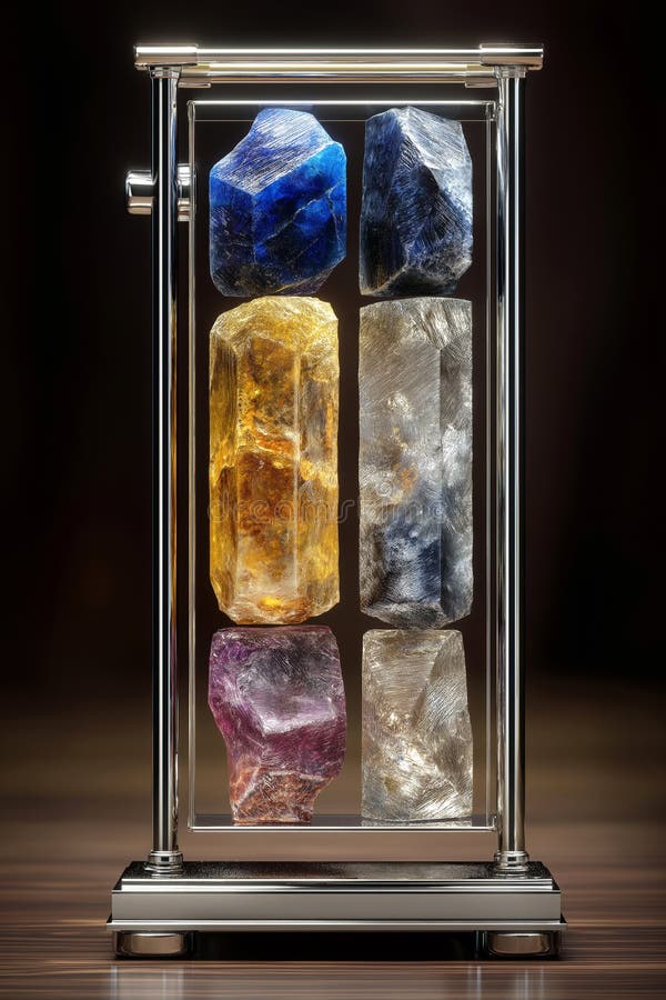 Upright View of Gemstone Display Case with Vertical Alignment of Raw ...