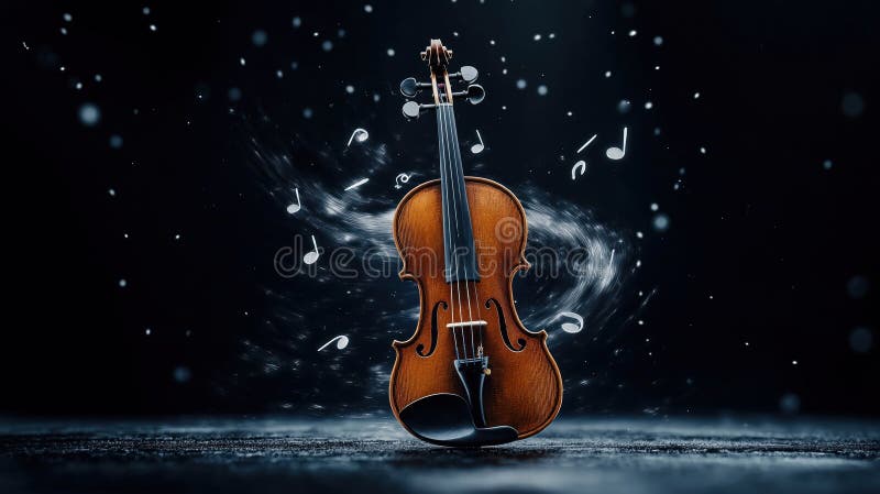 Upright Violin Surrounded by Swirling Musical Notes. Dynamic Visual ...