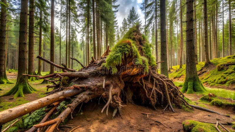Uprooted Tree in the Forest. the Root of a Huge Fallen Spruce Stock ...