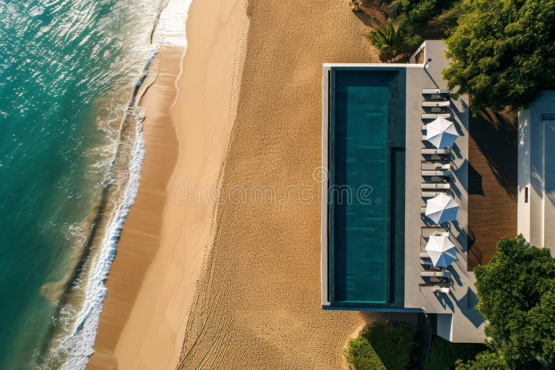 Upscale Beachfront Home with Pool, Overhead Ocean View. Stock Image ...