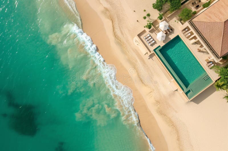 Upscale Beachfront Home with Pool, Overhead Ocean View. Stock Photo ...