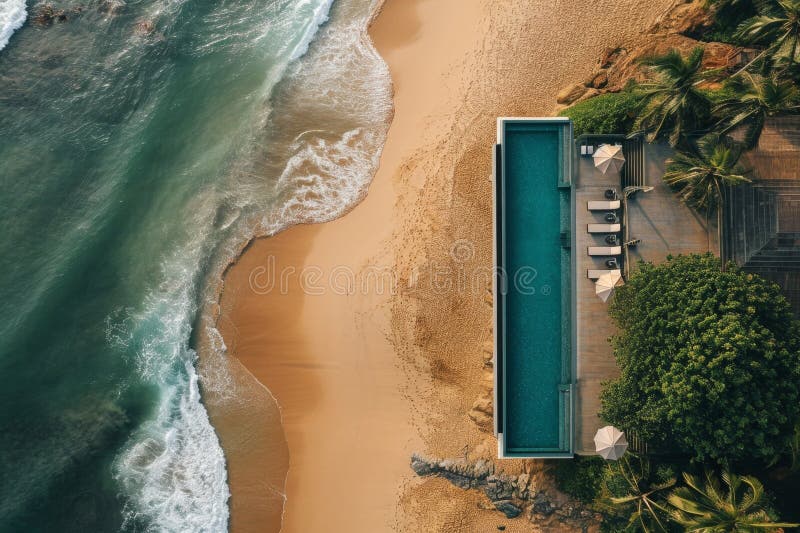Upscale Beachfront Home with Pool, Overhead Ocean View. Stock Photo ...