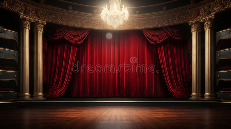 An Upscale Empty Theater Stage with Dramatic, Floor-to-ceiling Red ...