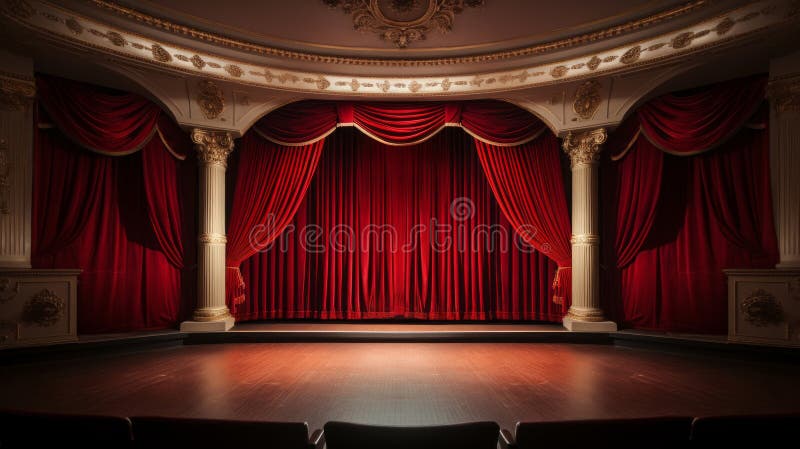 An Upscale Empty Theater Stage with Dramatic, Floor-to-ceiling Red ...