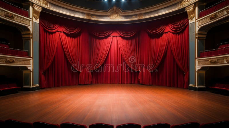 An Upscale Empty Theater Stage with Dramatic, Floor-to-ceiling Red ...