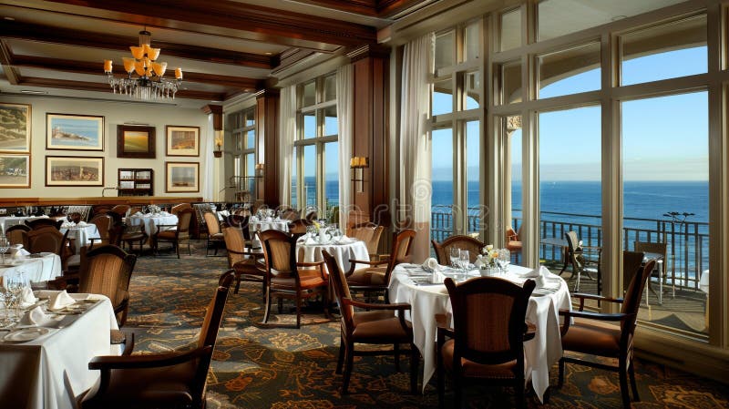Upscale Hotel Dining Area Featuring Panoramic Ocean Views and Elegant ...