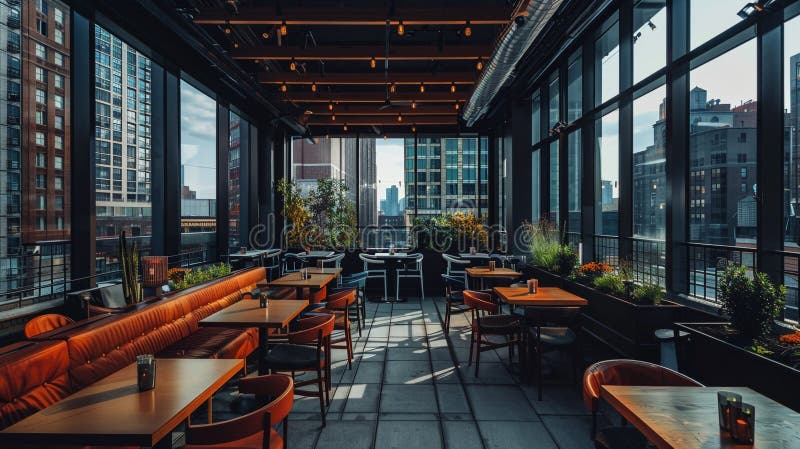 Upscale Hotel Dining Area Featuring Rooftop Terrace with Skyline Views ...