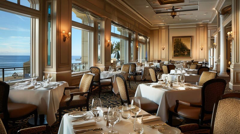 Upscale Hotel Dining Area Showcasing Panoramic Ocean Views with Elegant ...