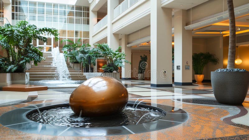 Upscale Hotel Lobby Features Cascading Water and Contemporary ...