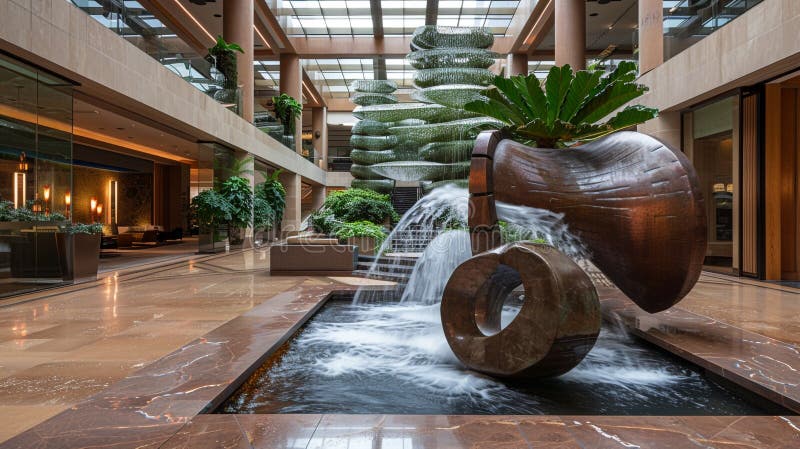Upscale Hotel Lobby Features Central Atrium with Water Feature and ...