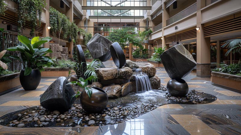 Upscale Hotel Lobby Features Central Atrium with Water Feature and ...