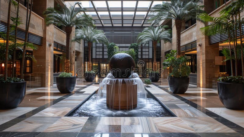 Upscale Hotel Lobby Featuring Cascading Water and Contemporary ...