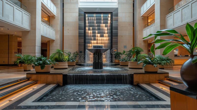 Upscale Hotel Lobby Featuring Cascading Water and Contemporary ...