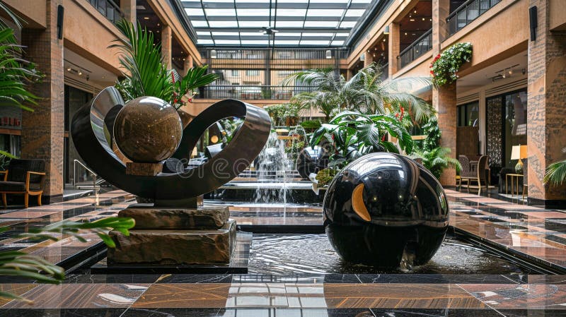 Upscale Hotel Lobby Featuring Cascading Water Feature and Contemporary ...