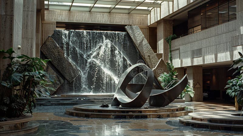 Upscale Hotel Lobby Featuring Central Atrium and Water Feature Stock ...