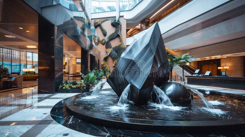Upscale Hotel Lobby Featuring Central Atrium and Water Feature Stock ...