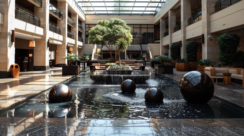 Upscale Hotel Lobby Featuring Central Atrium and Water Feature Stock ...