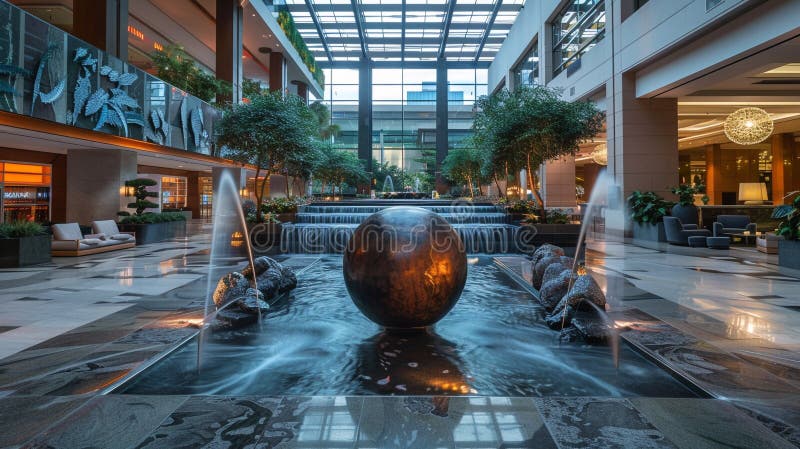 Upscale Hotel Lobby Featuring Central Atrium and Water Feature Stock ...