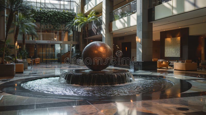 Upscale Hotel Lobby Featuring Central Atrium and Water Feature Stock ...