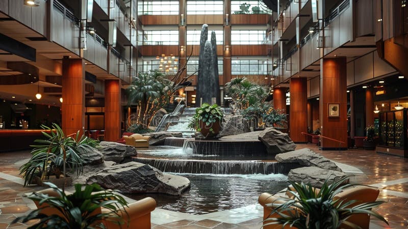 Upscale Hotel Lobby Featuring Central Atrium with Water Feature and ...