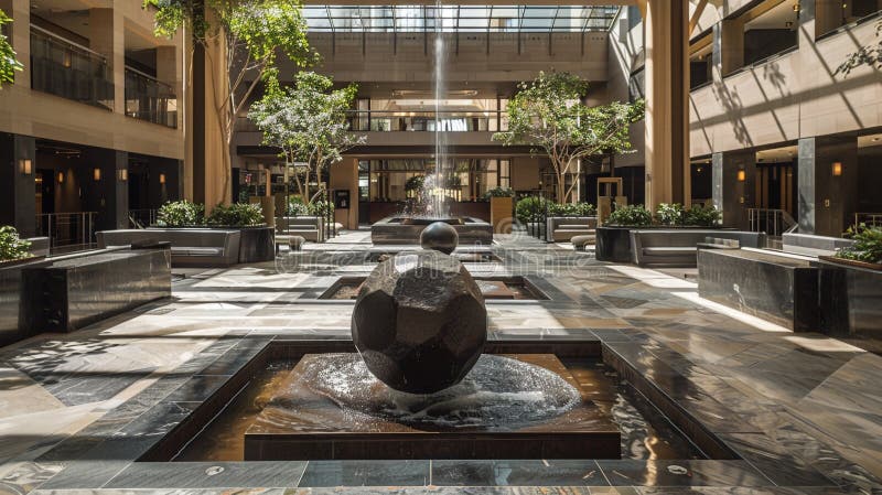 Upscale Hotel Lobby Featuring Central Atrium with Water Feature and ...