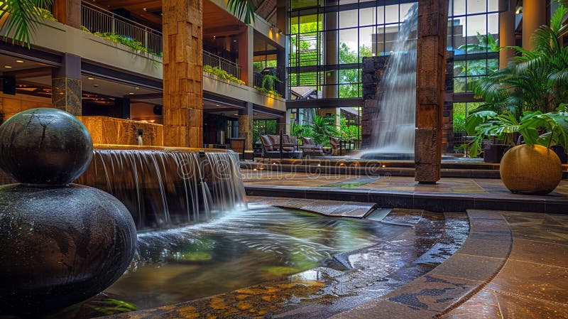 Upscale Hotel Lobby Featuring Central Atrium with Water Feature and ...
