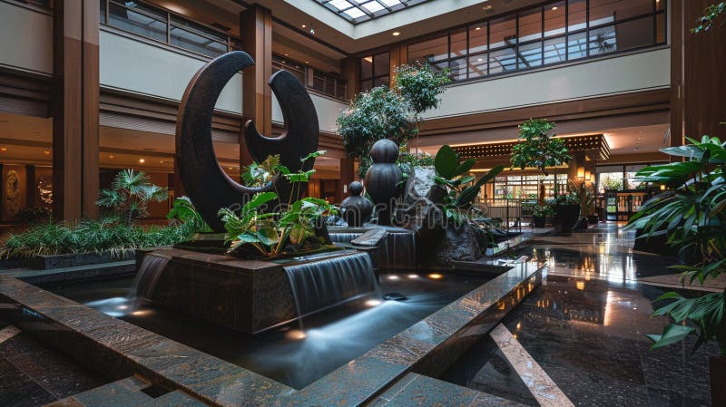 Upscale Hotel Lobby Featuring Central Atrium with Water Feature and ...
