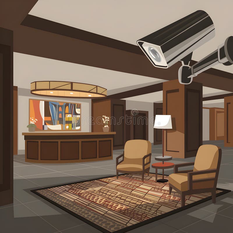 Lobby with Security Camera, Reception Desk, Inviting Warm Ambiance ...