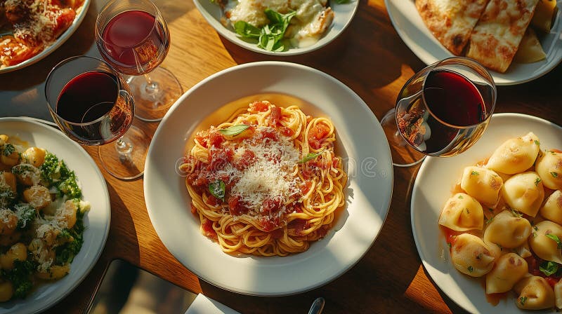 Upscale Italian Cuisine: an Array of Pasta and Wine Stock Image - Image ...