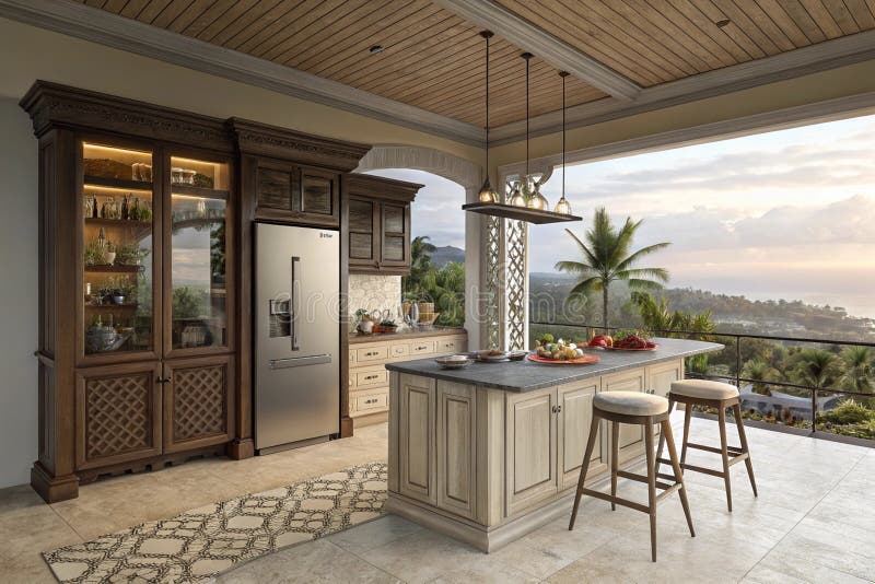 Luxury Kitchen with Bar Island and Panoramic Window Stock Illustration ...